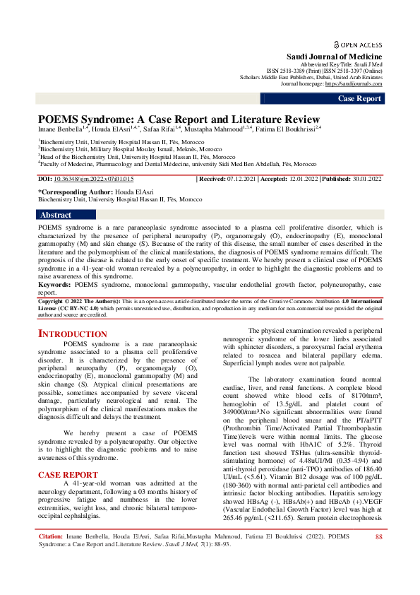 (PDF) POEMS Syndrome: A Case Report and Literature Review