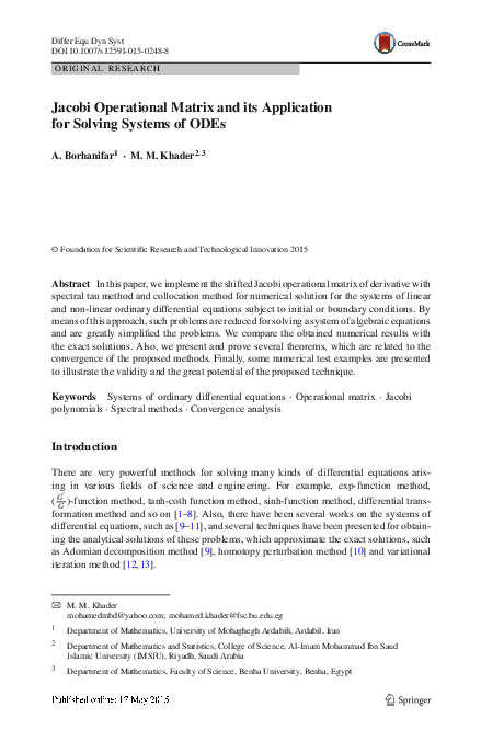 Pdf Jacobi Operational Matrix And Its Application For Solving Systems Of Odes