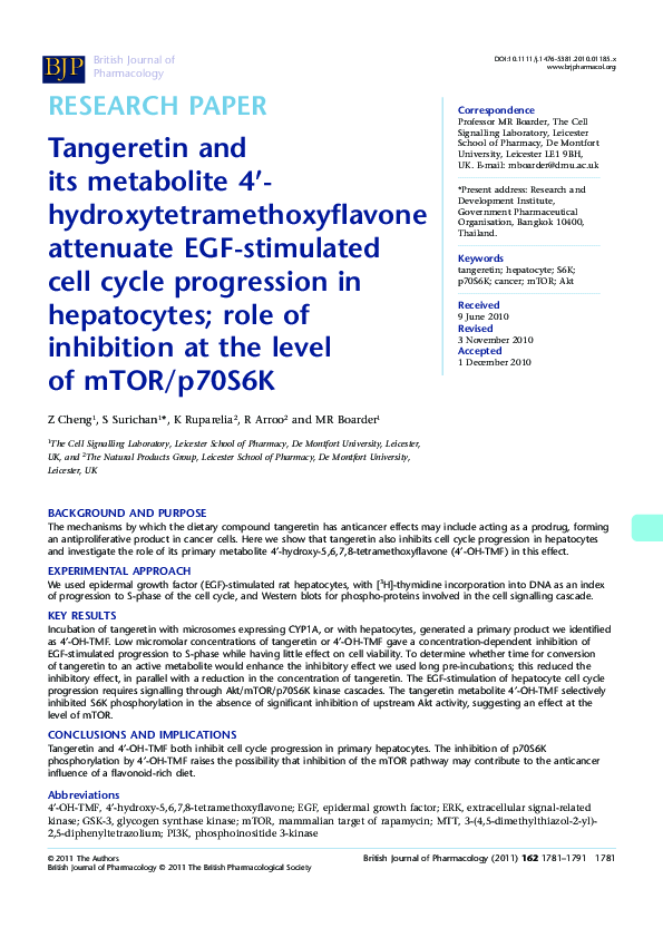 (PDF) Tangeretin and its metabolite 4′-hydroxytetramethoxyflavone ...
