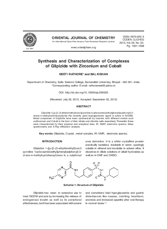 (PDF) Synthesis and Characterization of Complexes of Glipizide with Zirconium and Cobalt