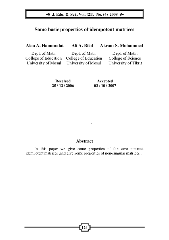 (PDF) Some basic properties of idempotent matrices | akram salim - Academia.edu