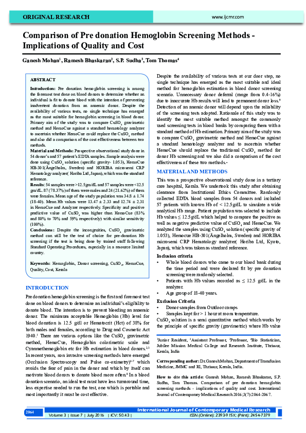 (PDF) Comparison of Pre donation Hemoglobin Screening Methods ...