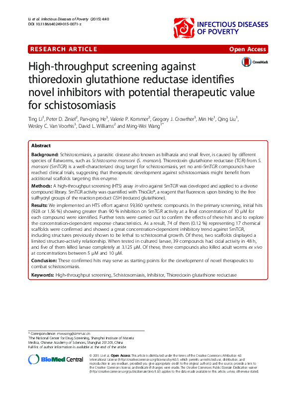 (PDF) High-throughput screening against thioredoxin glutathione reductase identifies novel ...