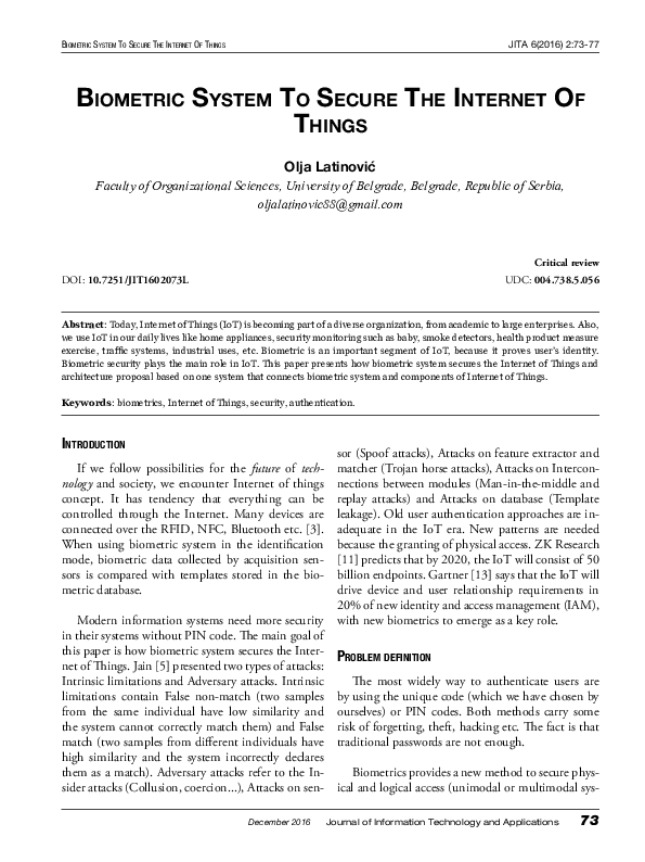 (PDF) Biometric System To Secure The Internet Of Things | Olja Krčadinac - Academia.edu