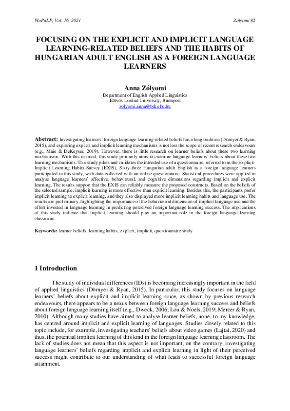 (PDF) FOCUSING ON THE EXPLICIT AND IMPLICIT LANGUAGE LEARNING-RELATED BELIEFS AND THE HABITS OF ...