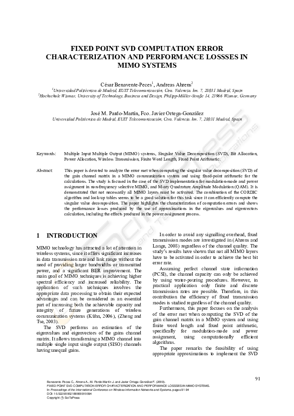 (PDF) Fixed Point SVD Computation Error Characterization and Performance Lossses in Mimo Systems