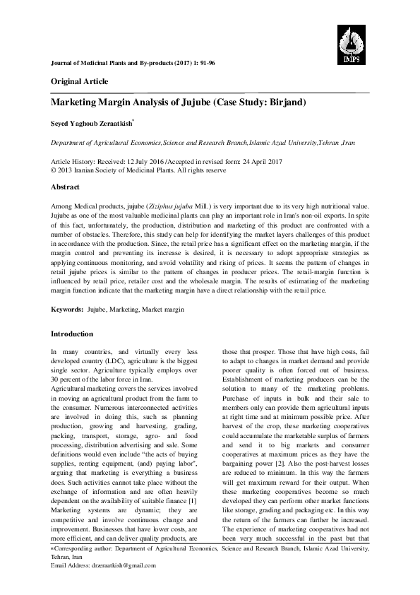 (PDF) Marketing Margin Analysis of Jujube (Case Study: Birjand | The Journal of Medicinal Plants ...