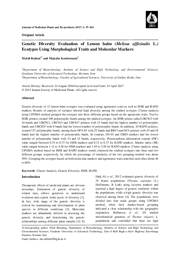 Pdf Genetic Diversity Evaluation Of Lemon Balm Melissa Officinalis L
