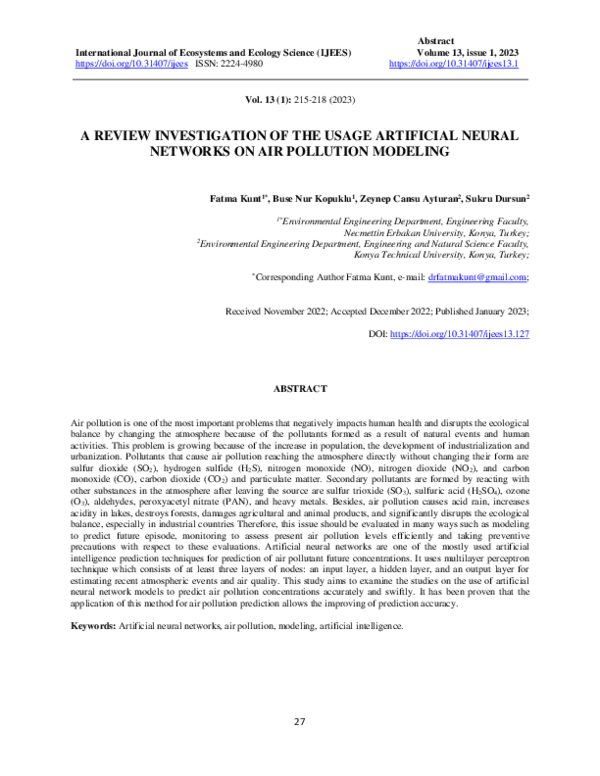Pdf A Review Investigation Of The Usage Artificial Neural Networks On Air Pollution Modeling