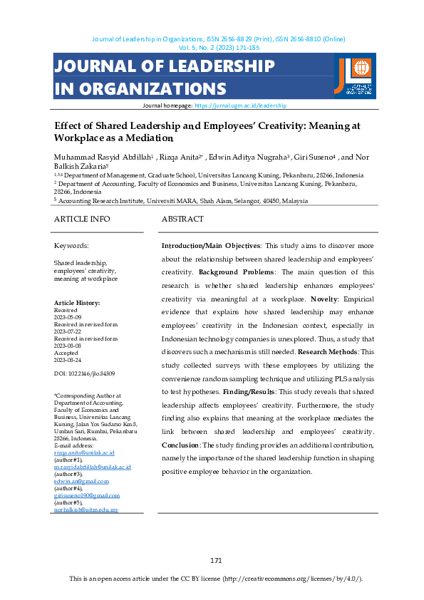 (PDF) Effect of Shared Leadership and Employees' Creativity: Meaning at Workplace as a Mediation