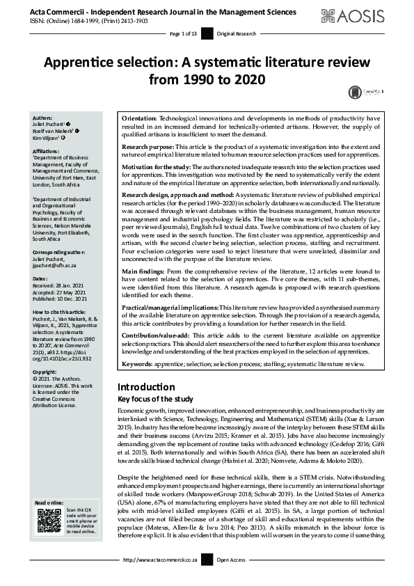 (PDF) Apprentice selection: A systematic literature review from 1990 to ...