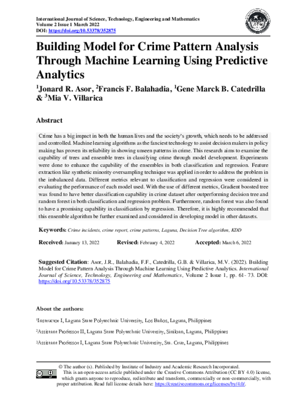 (PDF) Building Model for Crime Pattern Analysis Through Machine Learning Using Predictive ...