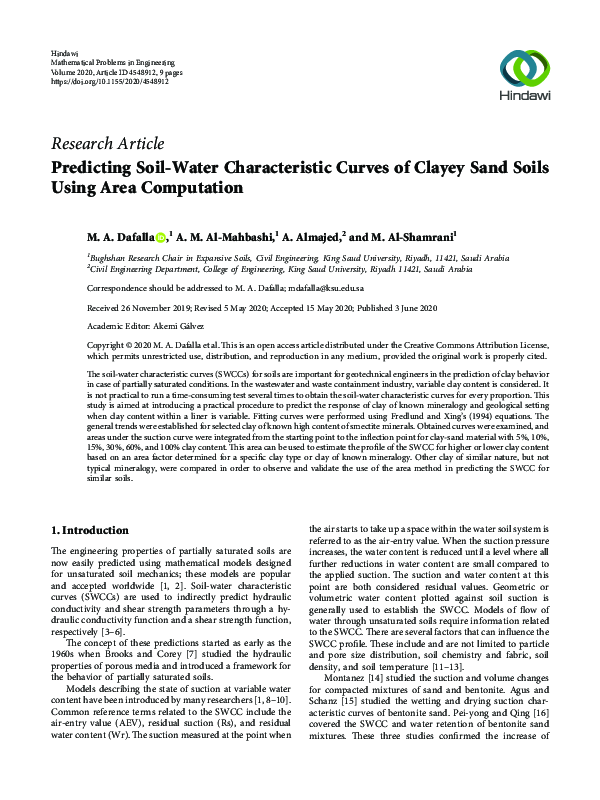 (PDF) Predicting Soil-Water Characteristic Curves of Clayey Sand Soils Using Area Computation ...