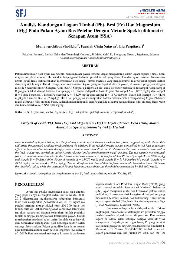 (PDF) Analisis Kandungan Logam Timbal (Pb), Besi (Fe) Dan Magnesium (Mg) Pada Pakan Ayam Ras ...