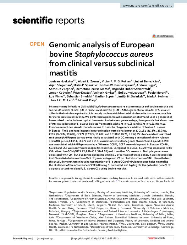 (PDF) Genomic analysis of European bovine Staphylococcus aureus from clinical versus subclinical ...