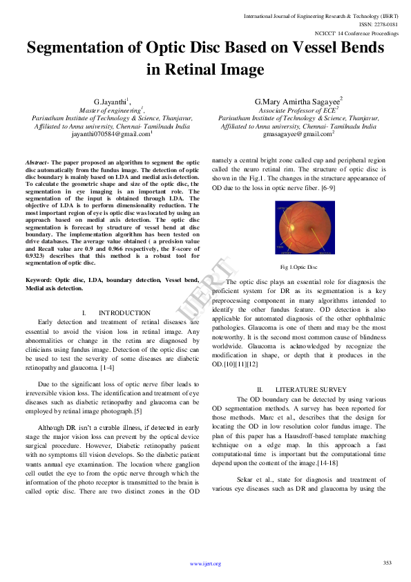 Pdf Segmentation Of Optic Disc Based On Vessel Bends In Retinal Image