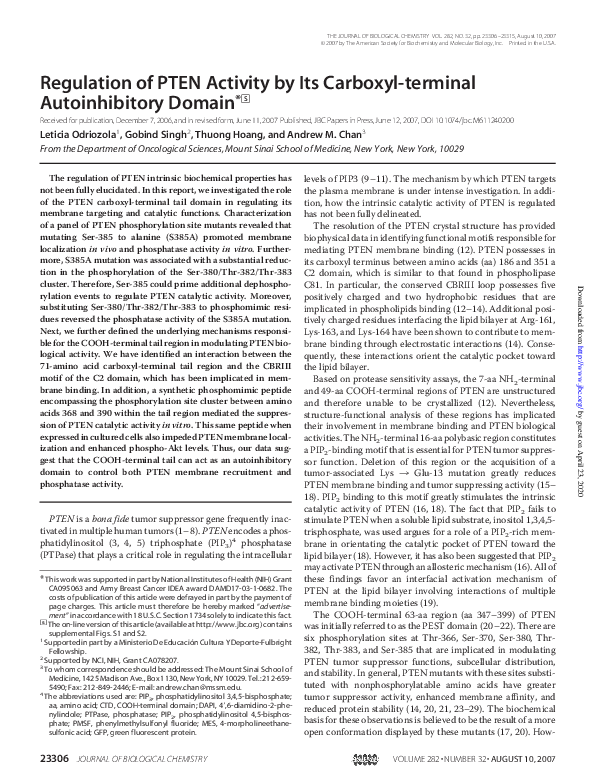 Pdf Regulation Of Pten Activity By Its Carboxyl Terminal