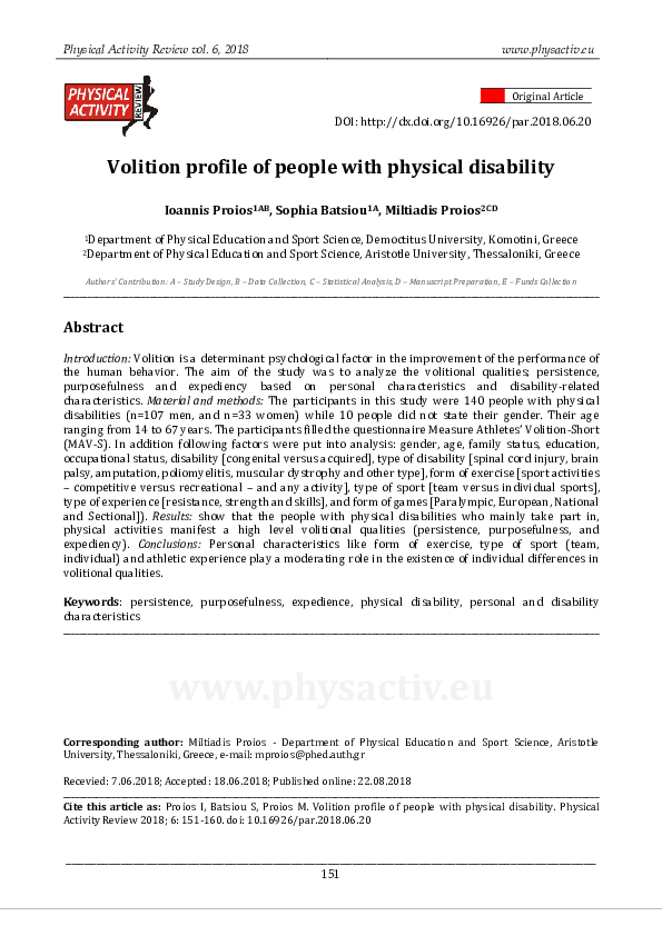 (PDF) Volition profile of people with physical disability