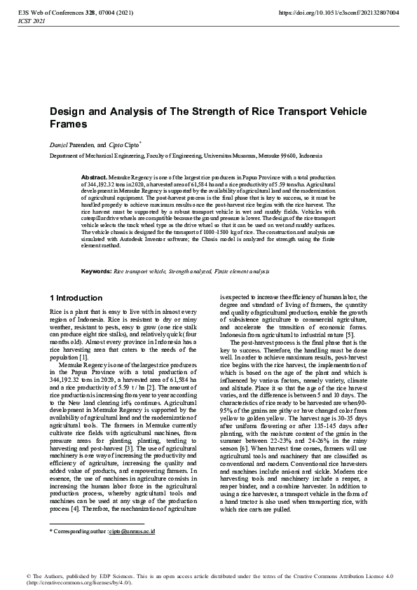 (PDF) Design and Analysis of The Strength of Rice Transport Vehicle Frames
