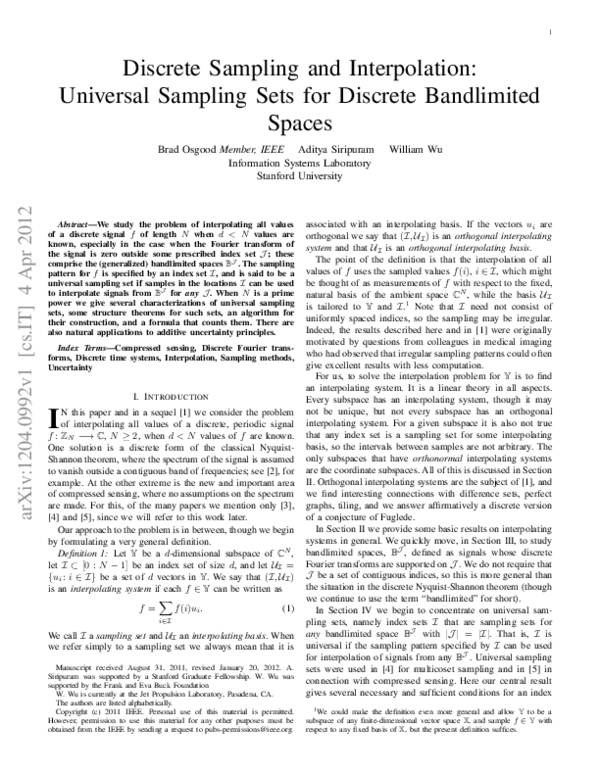 (PDF) Discrete Sampling and Interpolation: Universal Sampling Sets for Discrete Bandlimited ...