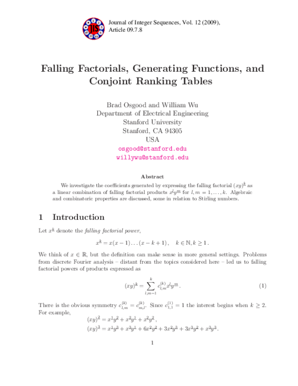 (PDF) Falling Factorials, Generating Functions, and Conjoint Ranking Tables