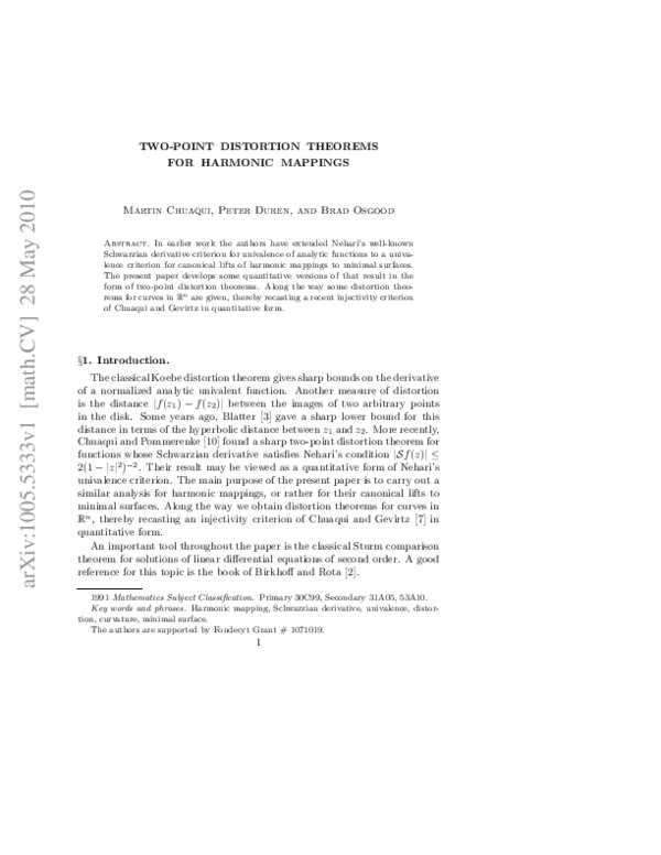 (PDF) Two-Point Distortion Theorems for Harmonic Mappings