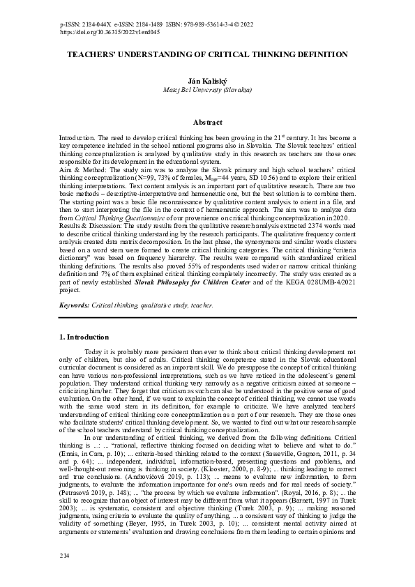 (PDF) Teachers´ Understanding of Critical Thinking Definition