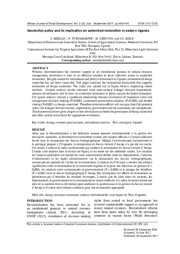 (PDF) Devolution policy and its implication on watershed restoration in ...