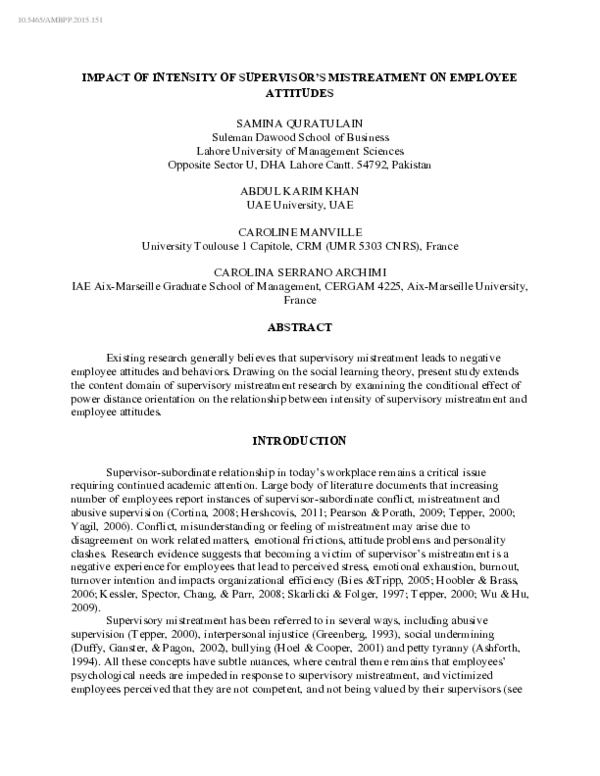 (PDF) Impact of Intensity of Supervisor's Mistreatment on Employee ...