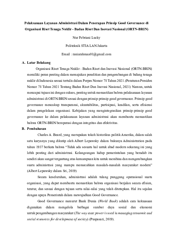 (PDF) Pelaksanaan Layanan Administrasi Dalam Penerapan Prinsip Good Governance di Organisasi ...
