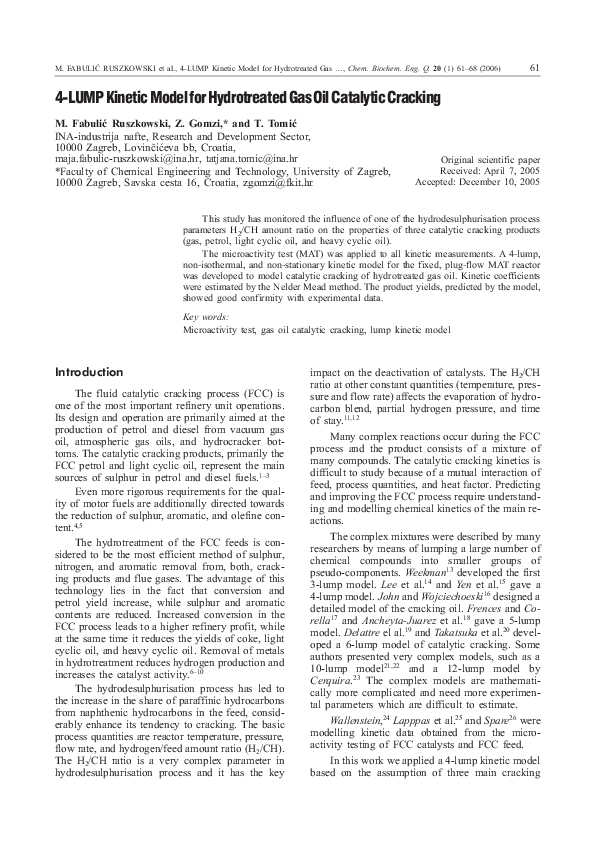 (PDF) 4-Lump kinetic model for hydrotreated gas oil catalytic cracking