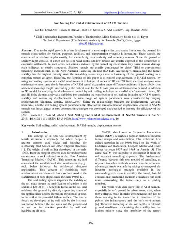 (PDF) Soil Nailing For Radial Reinforcement of NATM Tunnels
