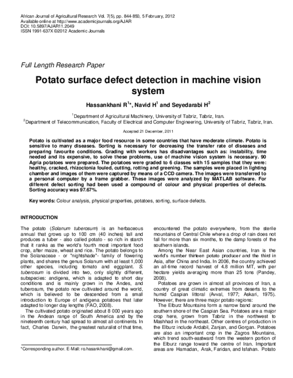 (PDF) Potato surface defect detection in machine vision system | Hadi Seyedarabi - Academia.edu