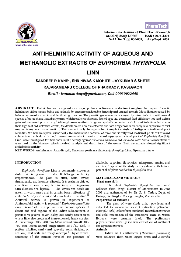 (PDF) Antihelmintic Activity of Aqueous and Methanolic Extracts of Euphorbia Thymifolia Linn ...
