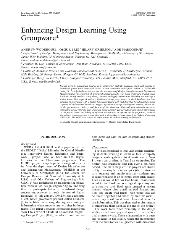 (PDF) Enhancing design learning using groupware