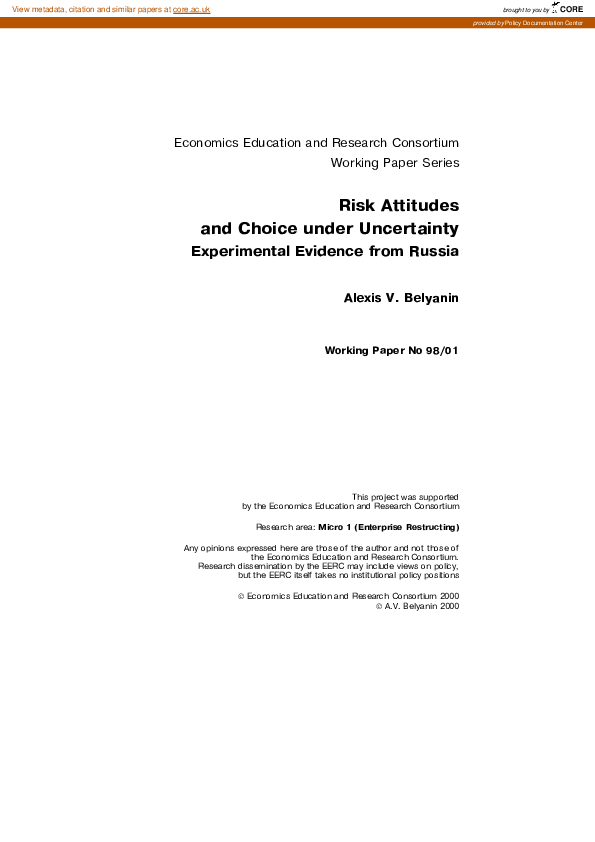 (PDF) Risk Attitudes and Choice under Uncertainty: Experimental Evidence from Russia