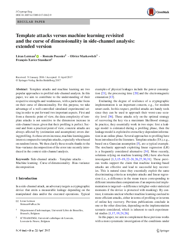 (PDF) Template attacks versus machine learning revisited and the curse of dimensionality in side ...