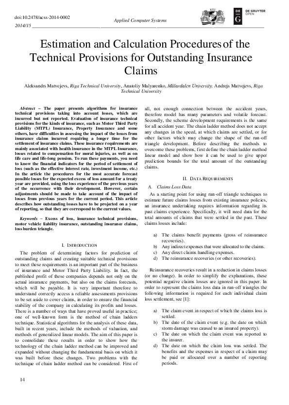 (PDF) Estimation and Calculation Procedures of the Technical Provisions ...