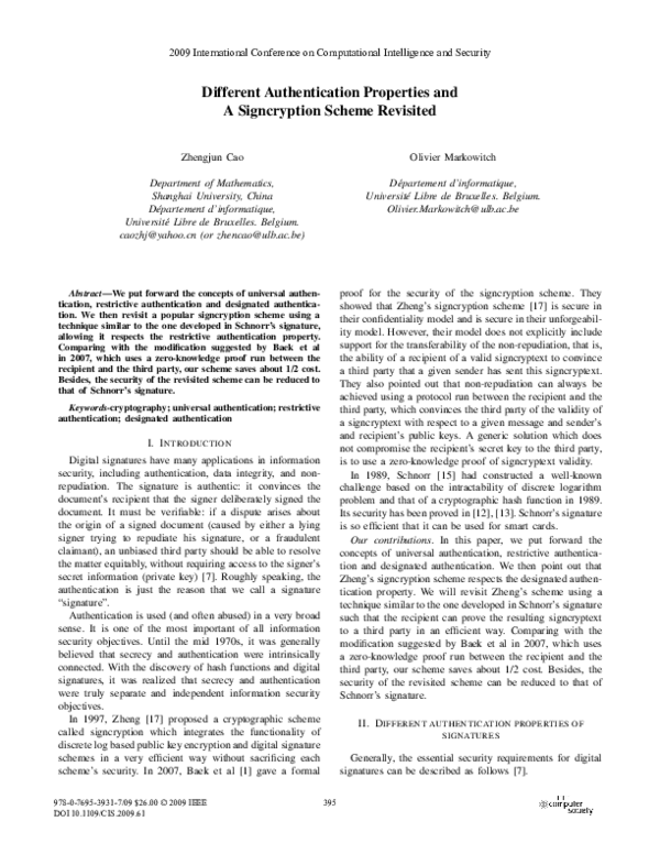 (PDF) Different Authentication Properties and a Signcryption Scheme Revisited