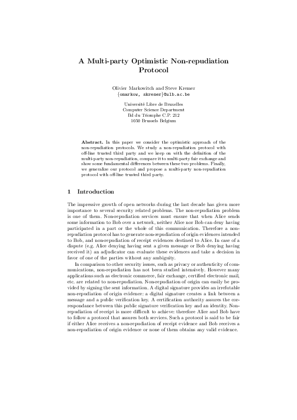 (PDF) A Multi-party Optimistic Non-repudiation Protocol | Olivier Markowitch - Academia.edu