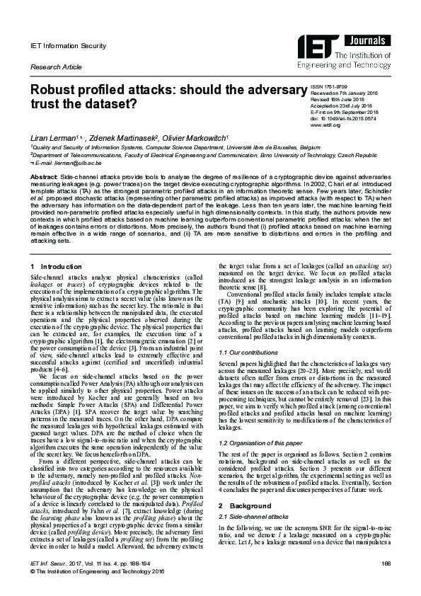 (PDF) Robust profiled attacks: should the adversary trust the dataset?