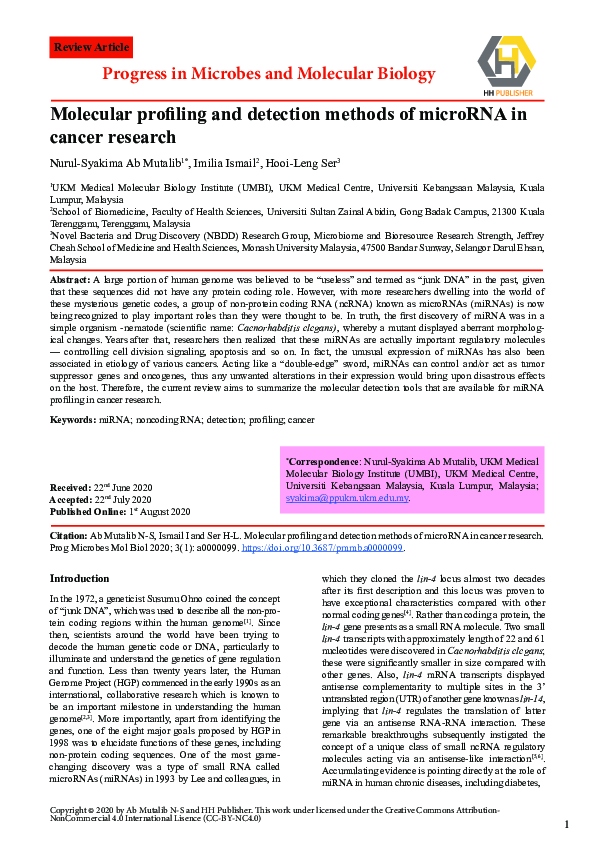 (PDF) Molecular profiling and detection methods of microRNA in cancer research | imilia ismail ...