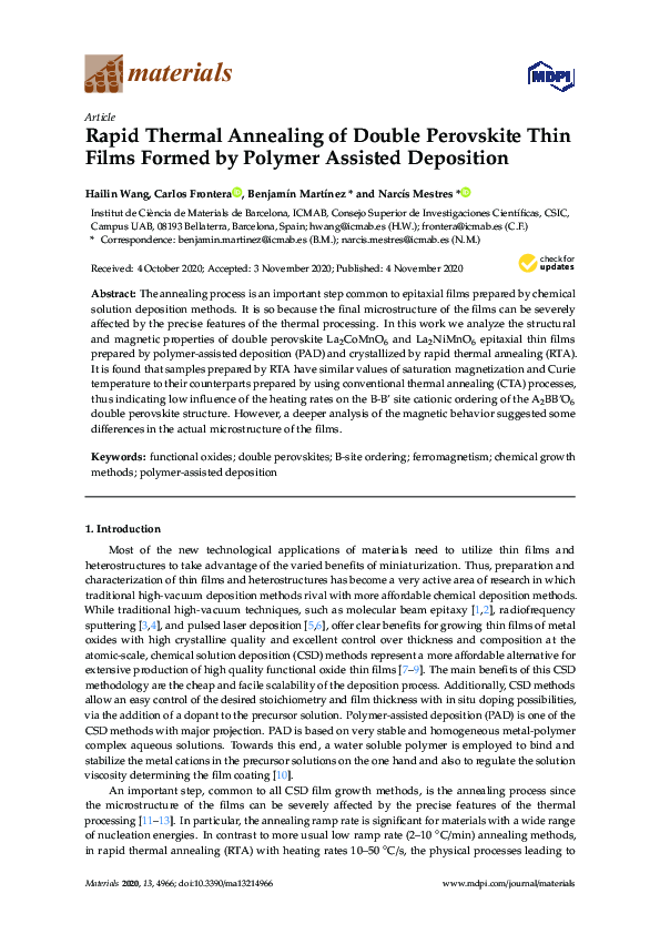 (PDF) Rapid Thermal Annealing of Double Perovskite Thin Films Formed by ...