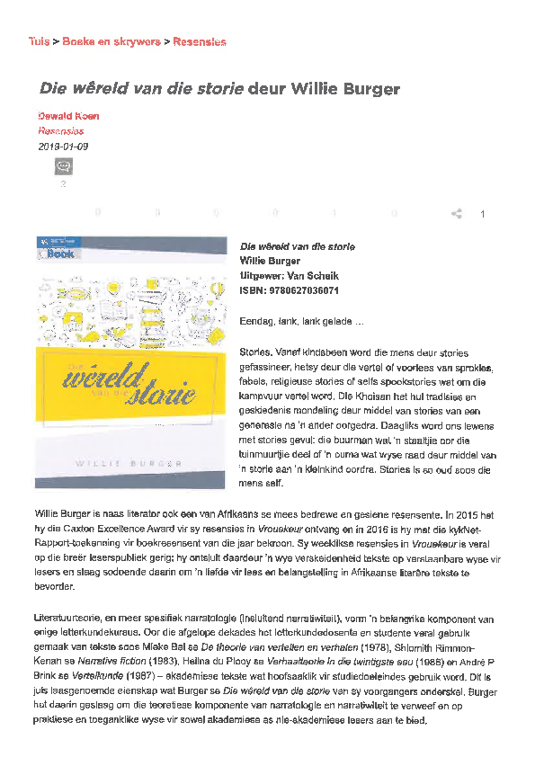 (PDF) Resensie: Die wêreld van die storie deur Willie Burger