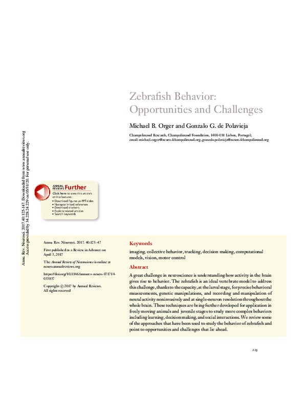 (PDF) Zebrafish Behavior: Opportunities and Challenges