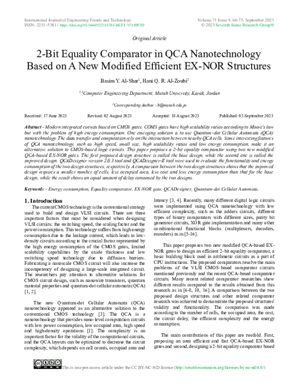 Pdf 2 Bit Equality Comparator In Qca Nanotechnology Based On A New Modified Efficient Ex Nor