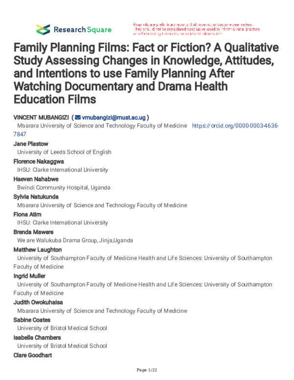(PDF) Family Planning Films: Fact or Fiction? A Qualitative Study Assessing Changes in Knowledge ...