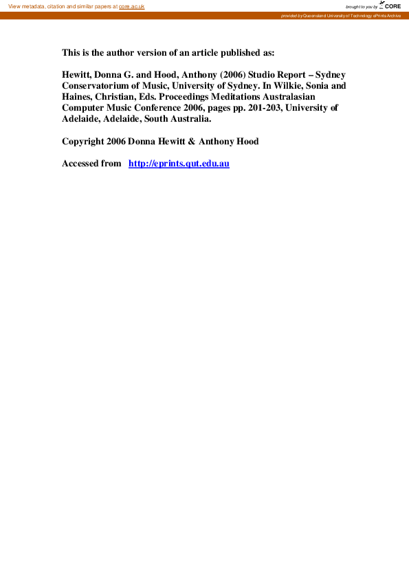 (PDF) Studio Report – Sydney Conservatorium of Music, University of Sydney