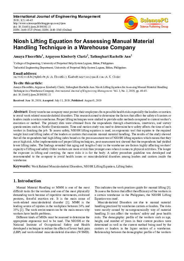 (PDF) Analisis Manual Material Handling Menggunakan Niosh Equation