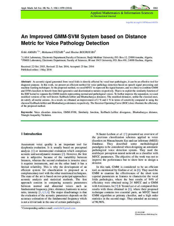 Pdf An Improved Gmm Svm System Based On Distance Metric For Voice Pathology Detection